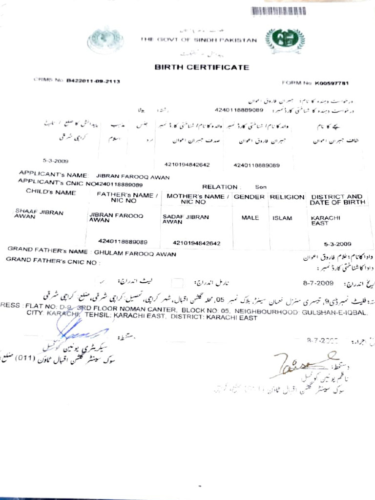 Child Birth Certificate Details | PDF