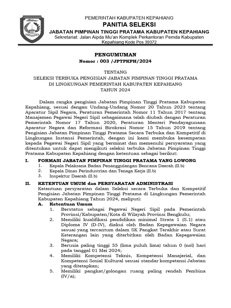 Pengumuman Pansel Jpt 2024 Ttd | PDF