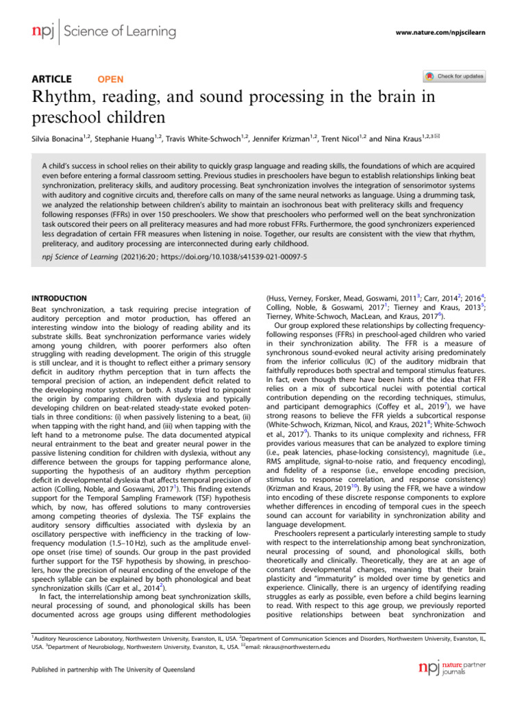 Bonacina Et Al. - 2021 - Rhythm, Reading, And Sound Processing in the Brain | PDF | Perception ...