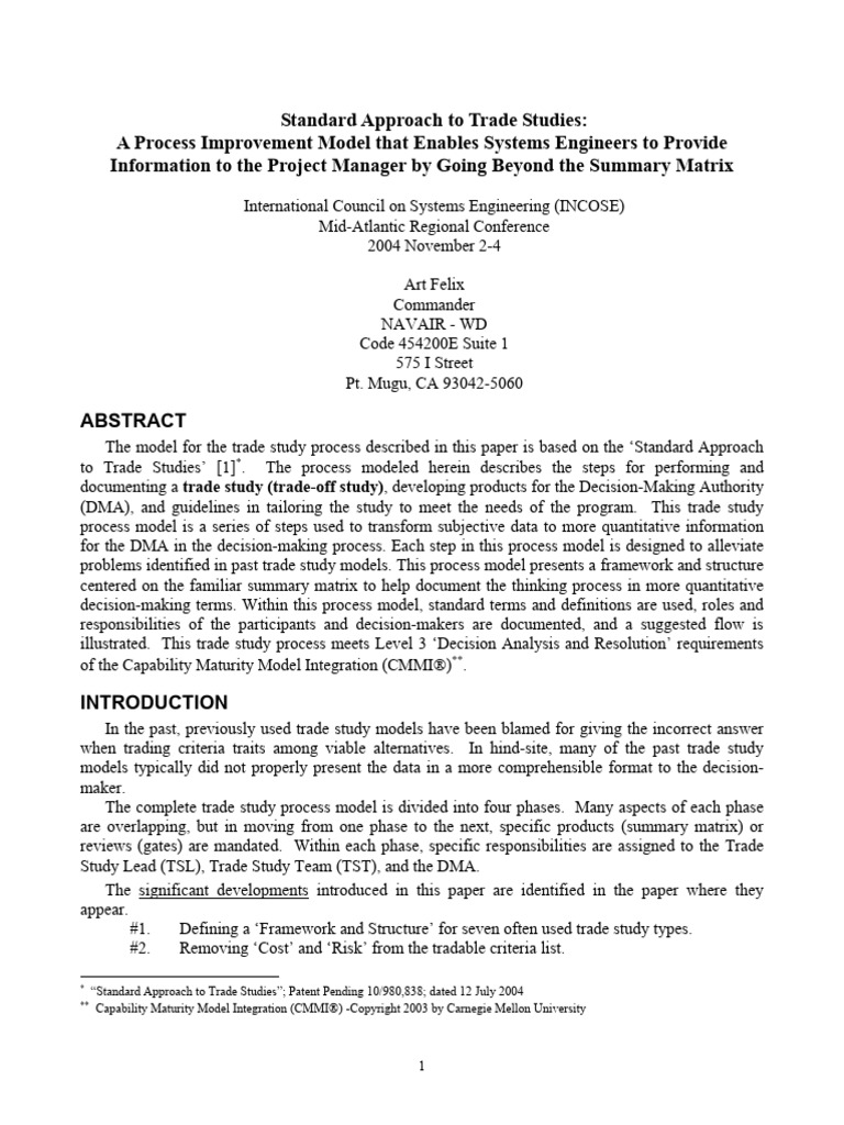 Standard Trade Study Process Model | PDF | Cost–Benefit Analysis | Risk