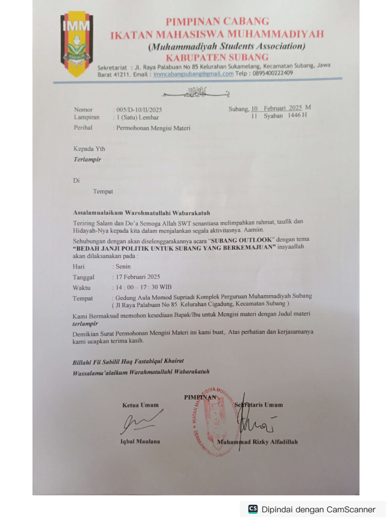 Surat Undangan Pemateri Dialog Publik IMM Subang | PDF