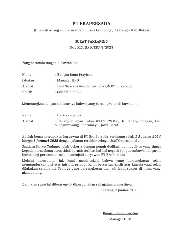 Surat Paklaring Karyawan PT Era Persada | PDF
