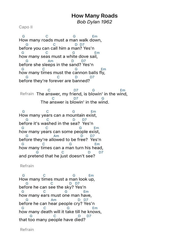 How Many Roads: Bob Dylan Lyrics | PDF