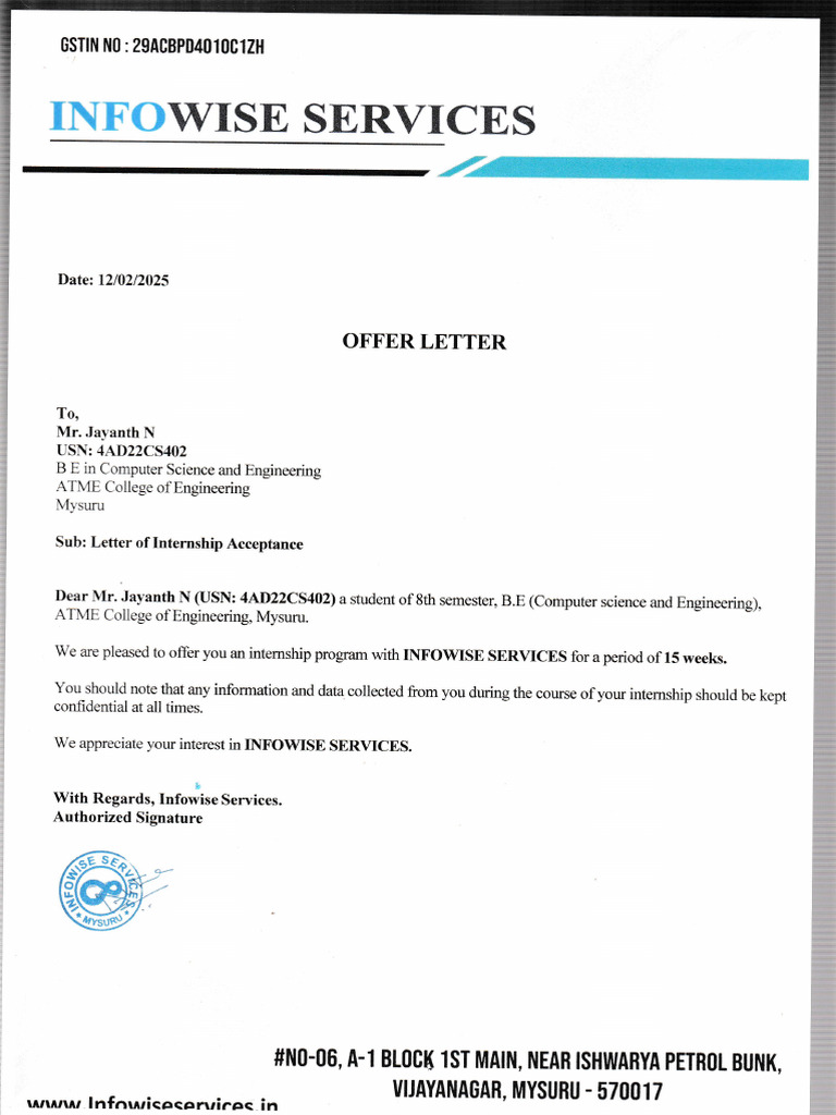 Internship Offer at Infowise Services | PDF