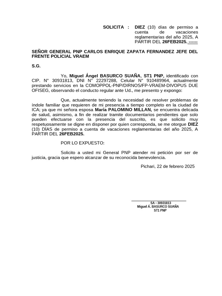 Solicitud de Permiso por Vacaciones 2025 | PDF