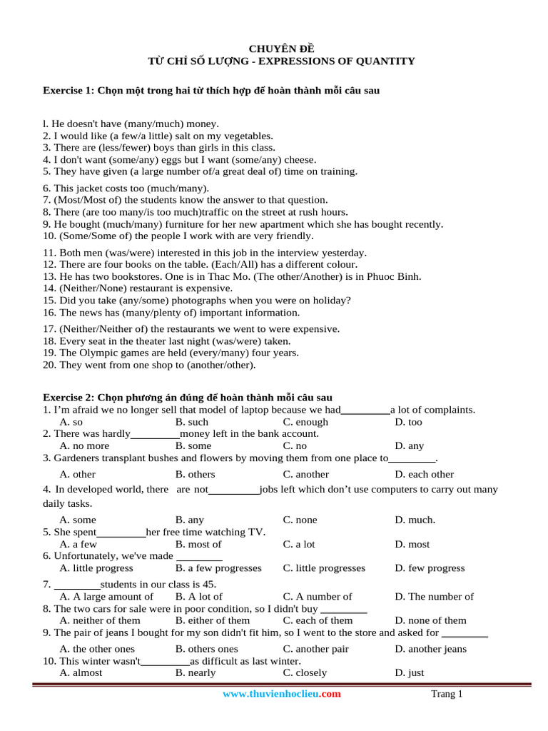 Expressions of Quantity Exercises | PDF