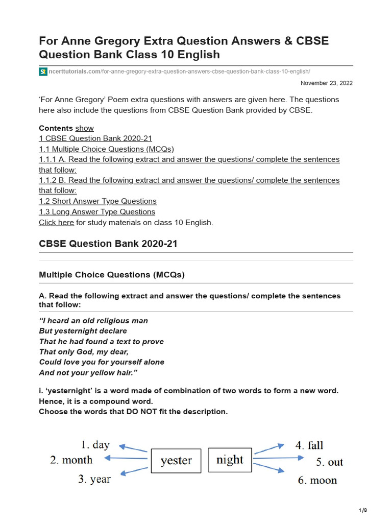 Anne Gregory Extra Questions & Answers | PDF | Beauty | Love