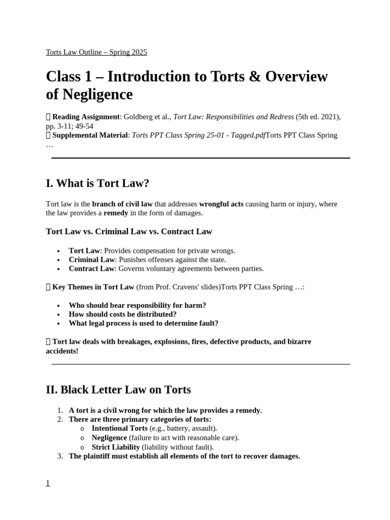 Torts Law Outline | PDF | Negligence | Tort