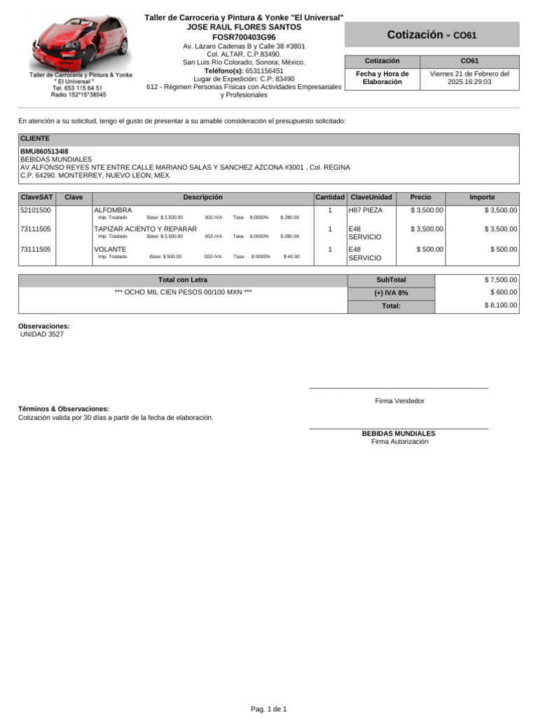 Cotización de Servicios de Taller | PDF