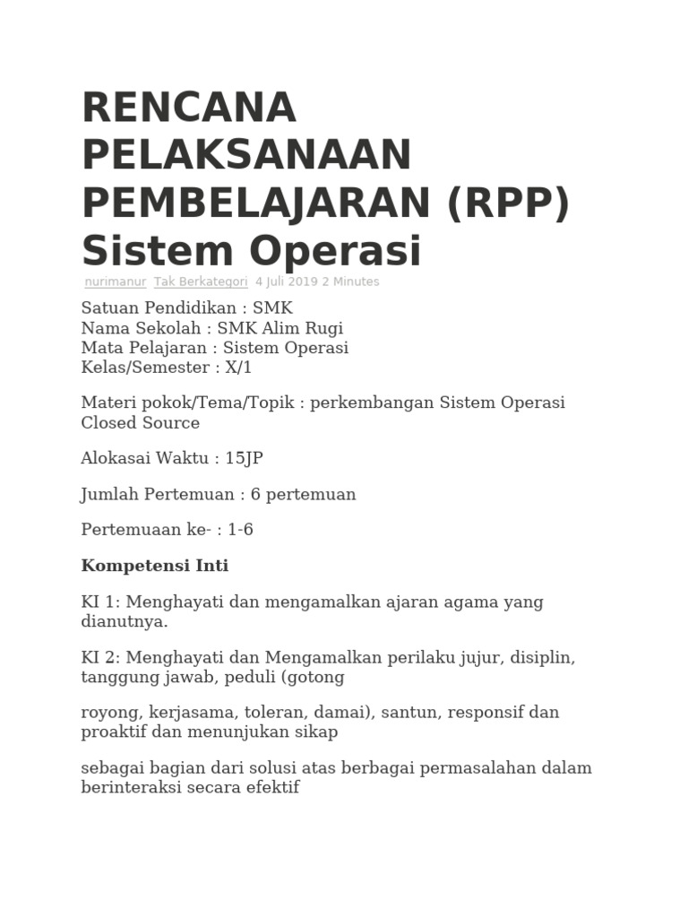 Rencana Pelaksanaan Pembelajaran Sistem Operasi | PDF