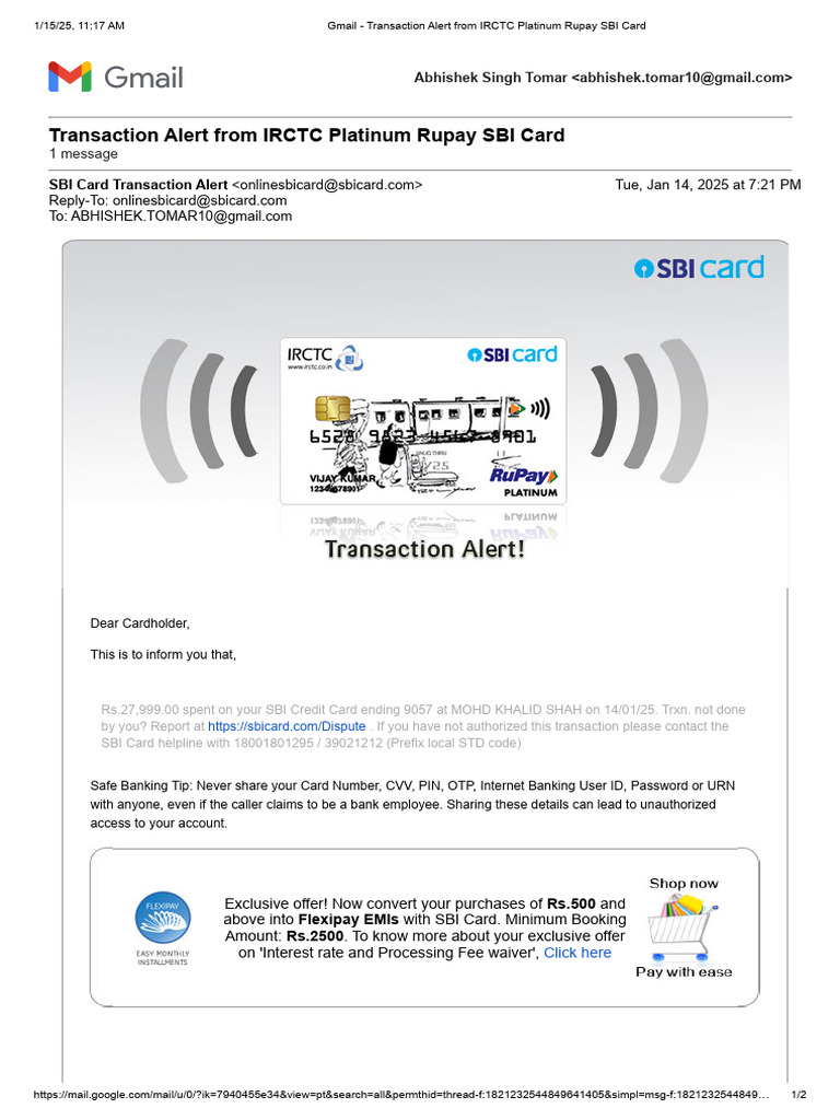 Gmail - Transaction Alert from IRCTC Platinum Rupay SBI Card | PDF | Gmail | Cyberspace