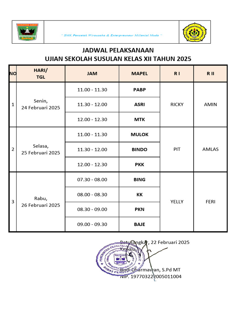 Jadwal Mapel & Pengawas Ruang Us Susulan 2025 | PDF