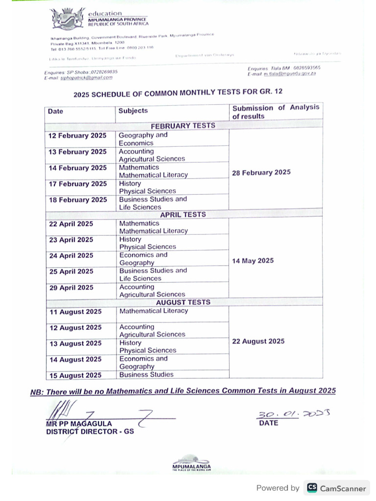 2025 Gr.12 Monthly Tests Time-table | PDF