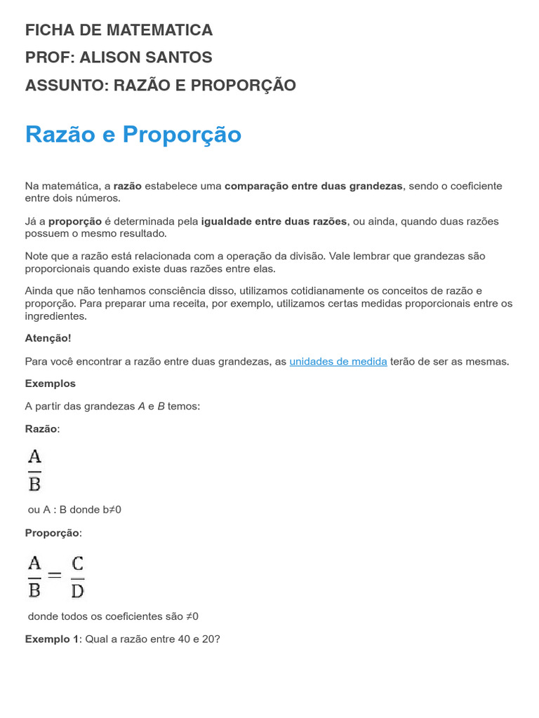 Razão e Proporção em Matemática | PDF | Razão/Proporção | Matemática