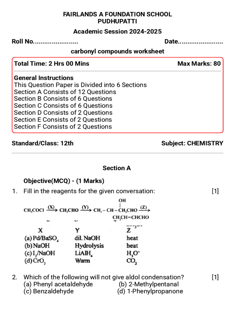 Carbonyl Compounds Worksheet for Class 12 | PDF | Aldehyde | Ketone