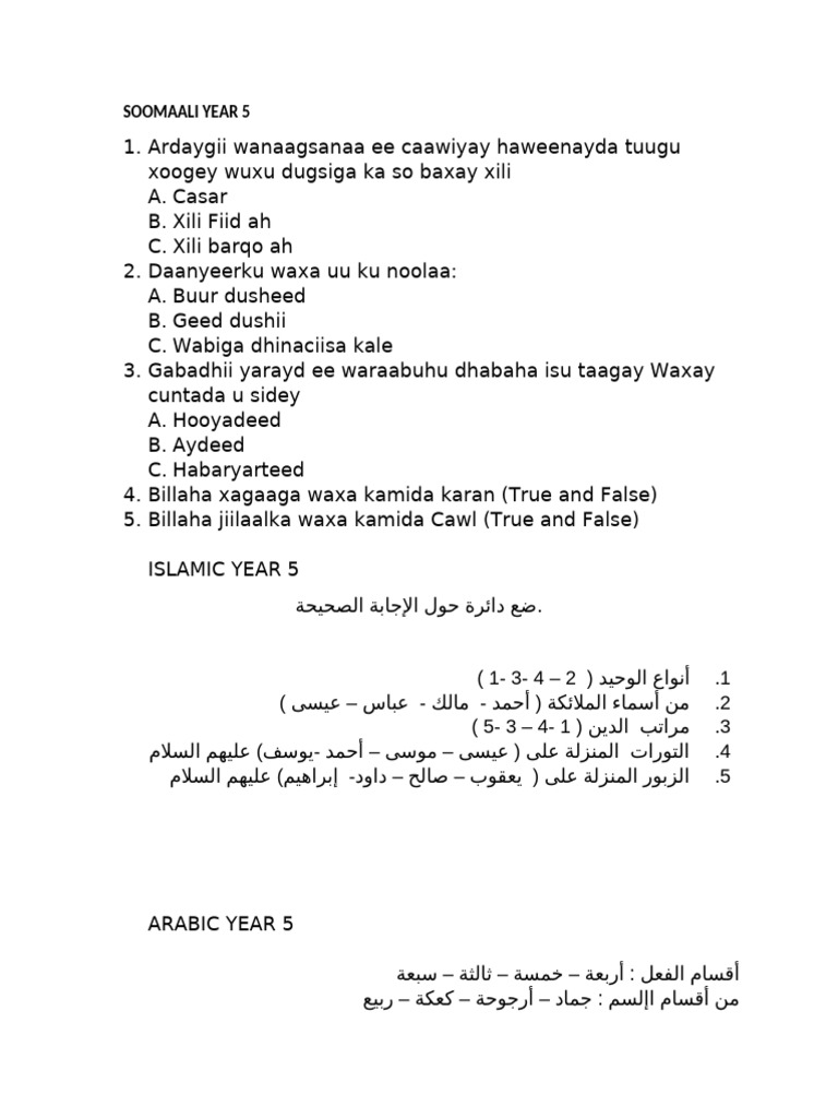 Year 5 Somali,Islamic,Arabic (Masala) | PDF