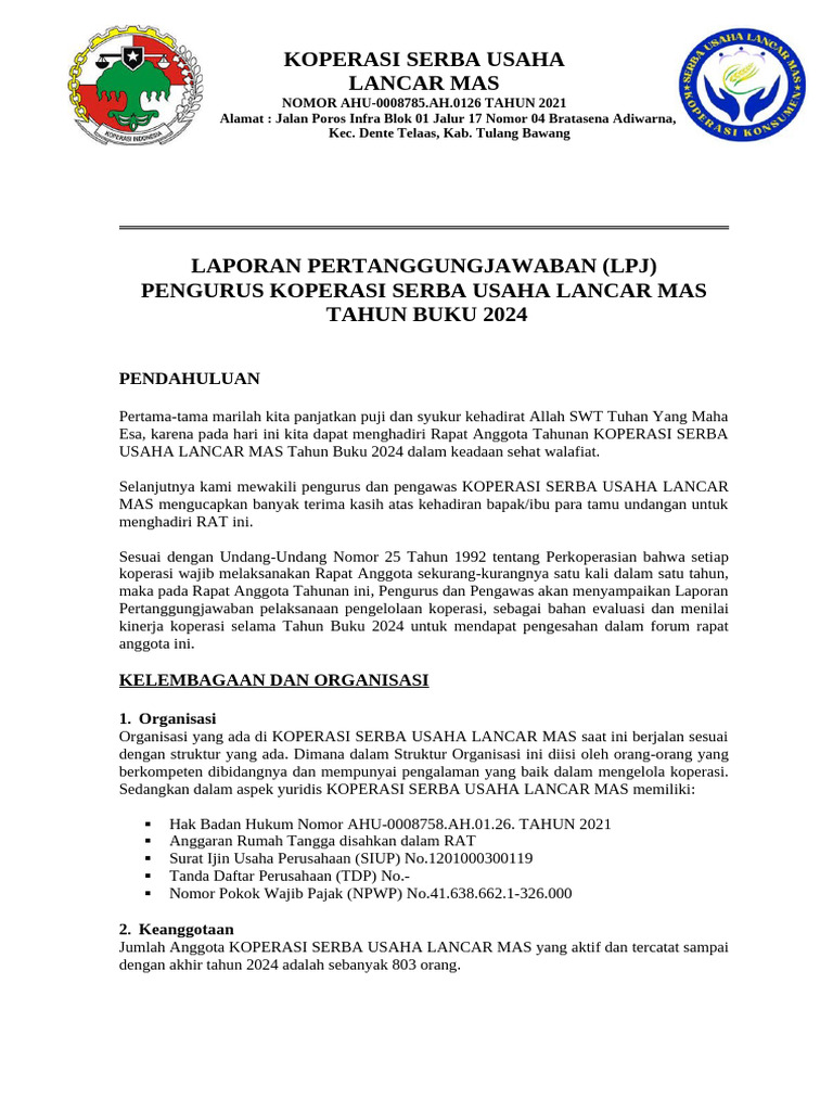 LPJ Pengurus Koperasi | PDF