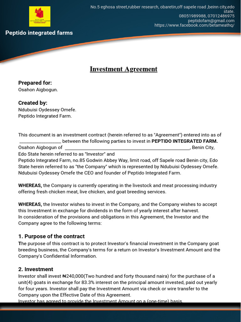 Goat Investment Agreement Draft | PDF | Trade Secret | Business