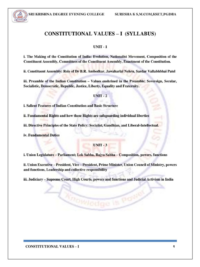 Constitutional Values Notes Sep 2024-25 | PDF