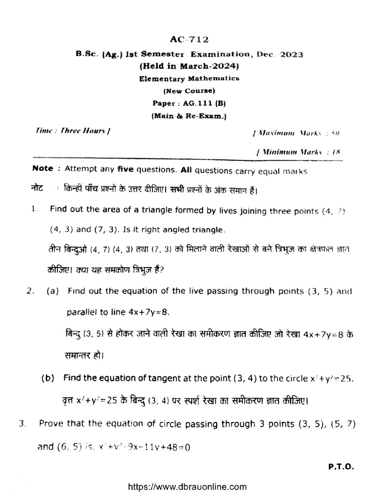 BSC 1 Sem Ag Elementary Mathematics Ac 712 Mar 2024 | PDF