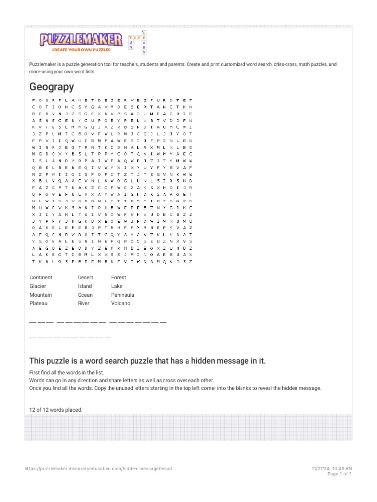 Hidden Message Puzzle | Discovery Education Puzzlemaker | PDF