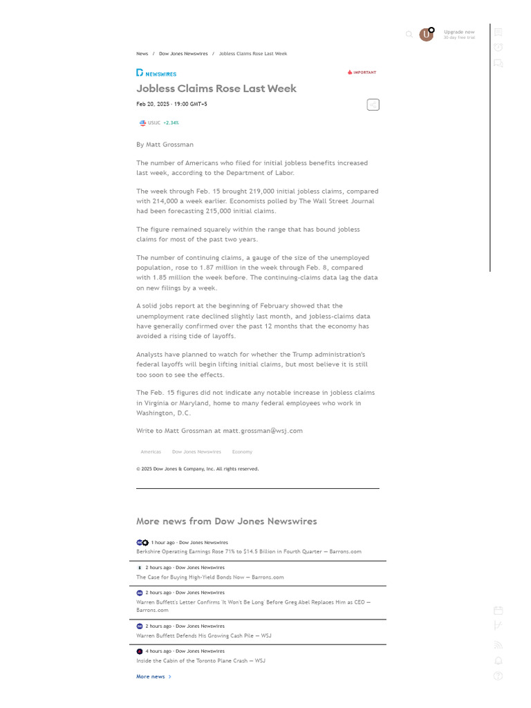 Jobless Claims Rose Last Week | PDF | Unemployment | The Wall Street Journal