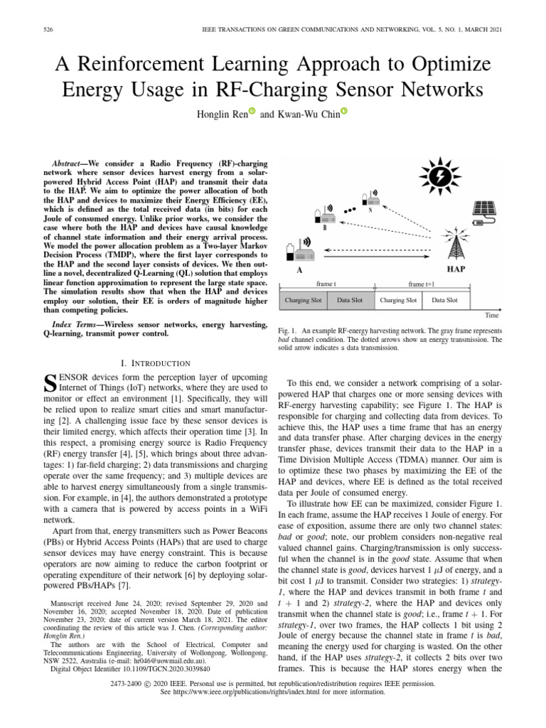 A Reinforcement Learning Approach To Optimize Energy Usage in RF-Charging Sensor Networks | PDF ...