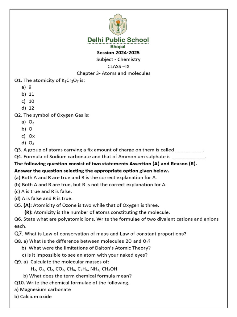Chemistry Class IX: Atoms & Molecules Quiz | PDF