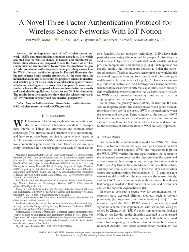 A Novel Three-Factor Authentication Protocol For Wireless Sensor Networks With IoT Notion | PDF ...