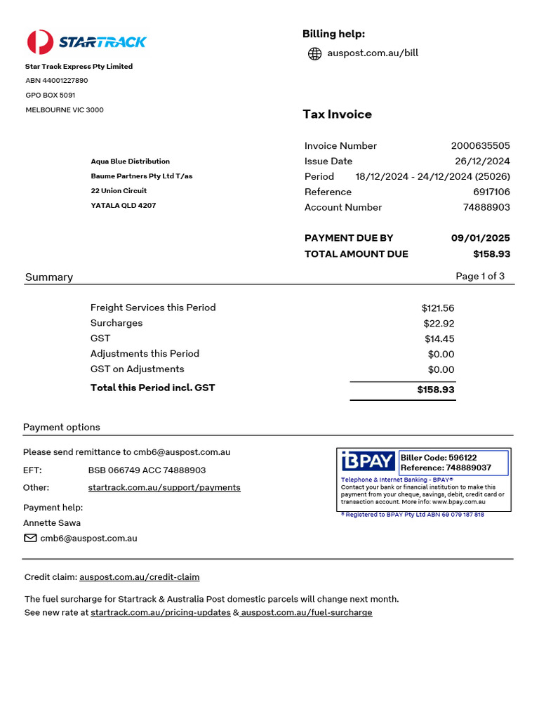 Star Track Freight Invoice Summary | PDF | Payments | Services (Economics)