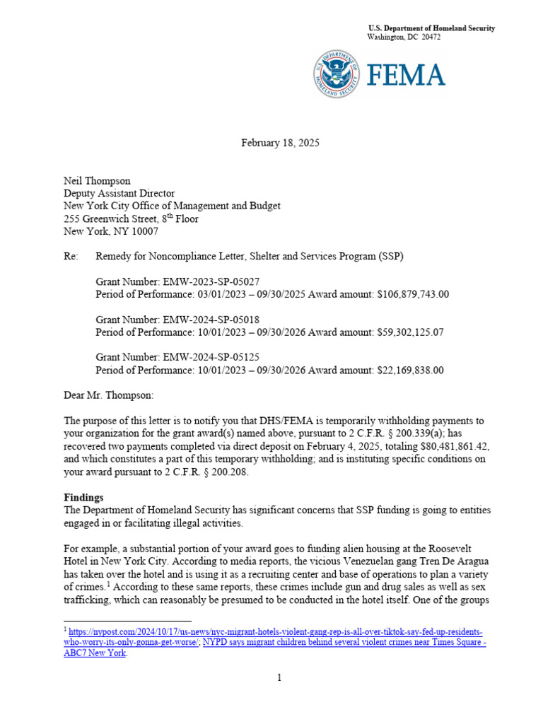 DHS Noncompliance Letter to NYC | PDF | United States Department Of ...