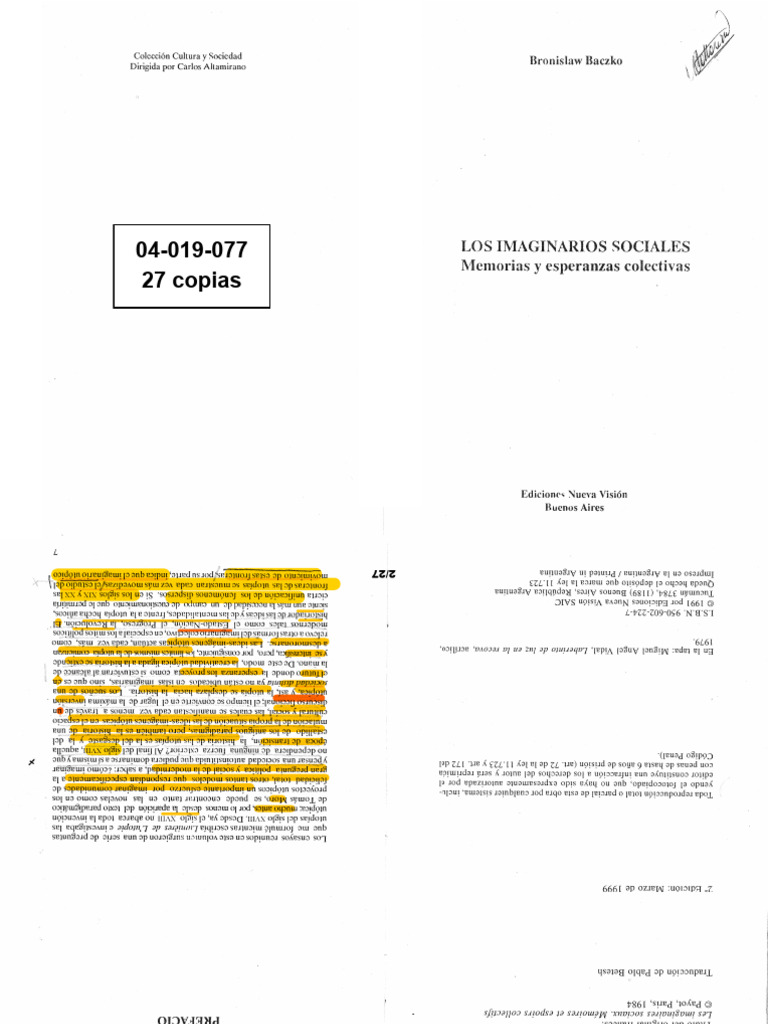 Baczko - Prefacio e Imaginación social, imaginarios sociales | PDF