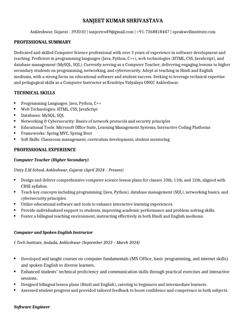 Sanjeet Kumar Shrivastava Resume Computer Science Professional | PDF | Computer Programming ...