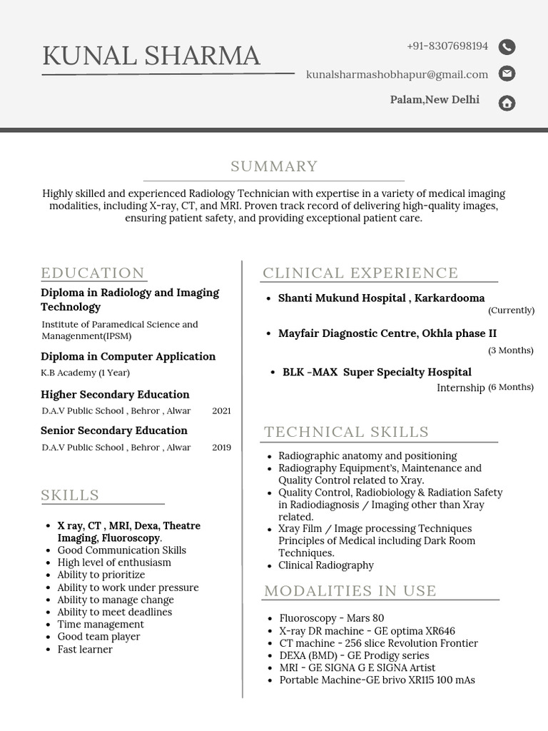Gray and White Simple Clean Resume | PDF | Radiography | Medical Imaging