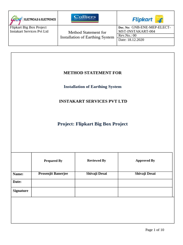 Method Statement For Installation of Earthing Works | PDF | Materials ...