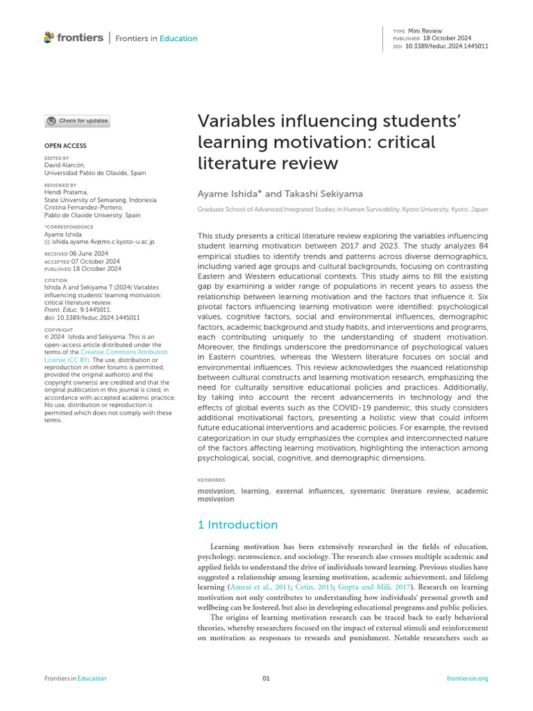 Variables Influencing Students' Learning Motivation Critical Literature ...