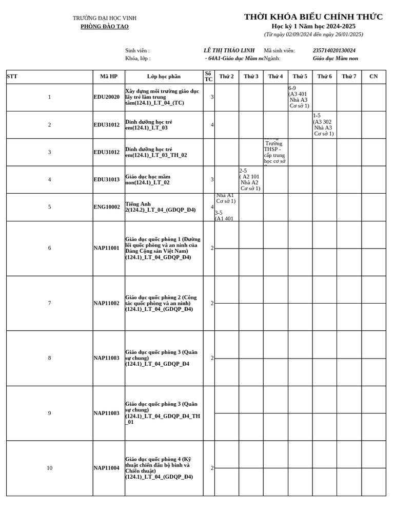 Export TKB SV Mau 1 | PDF