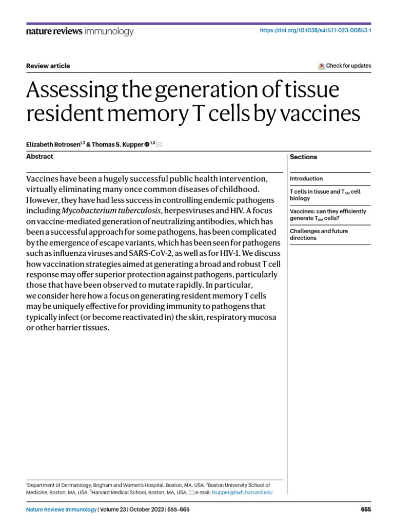 Assessing The Generation of Tissue Resident Memory T Cells by Vaccines ...