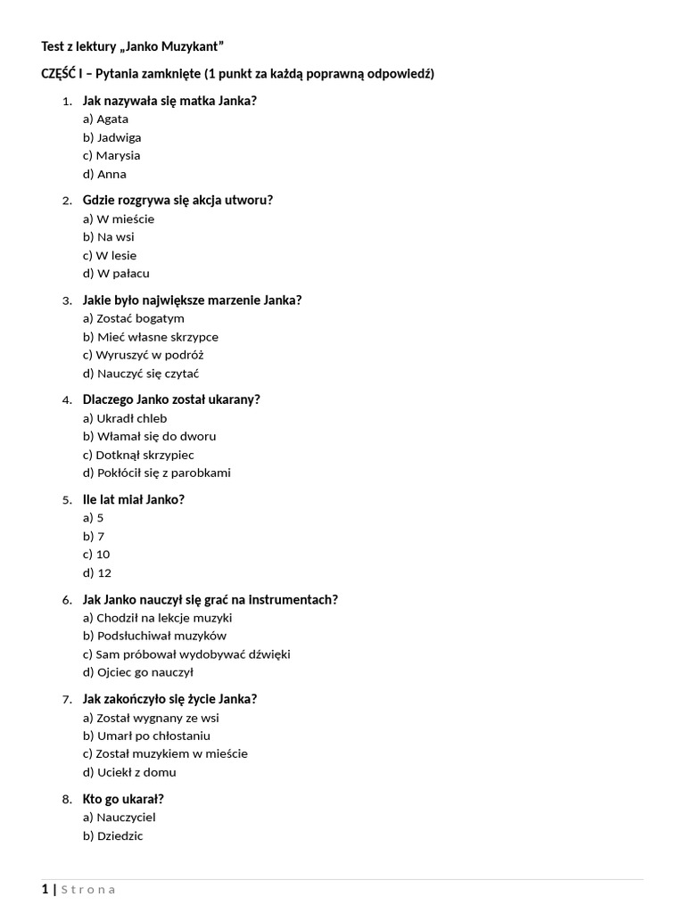 Janko Muzykant - Test Z Lektury + Odpowiedzi | PDF