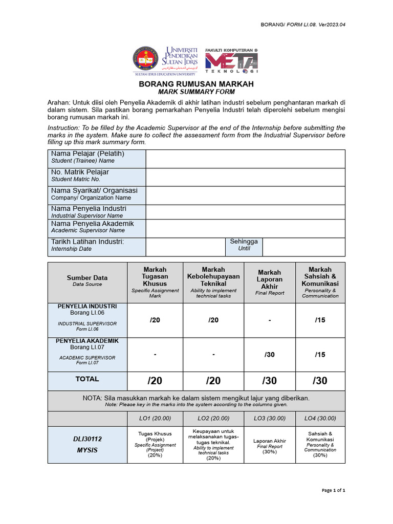 DLI30112 LI.08 Borang Rumusan Markah (Mark Summary Form) Ver2023.04 | PDF