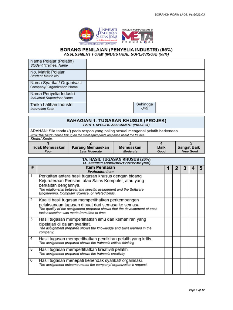 DLI30112 LI.06 Borang Penilaian Penyelia Industri (Industrial SV Evaluation Form) Ver2023.03 | PDF