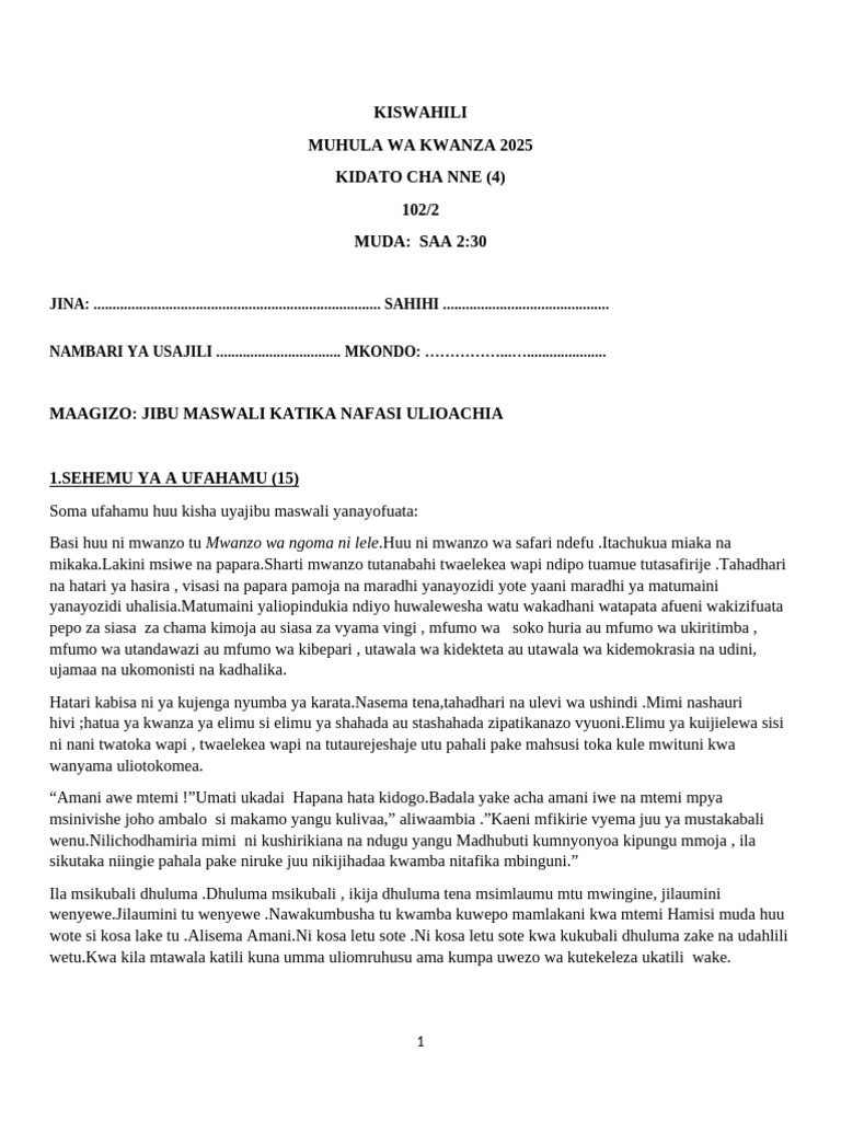 Kiswahili PP2 QNS | PDF