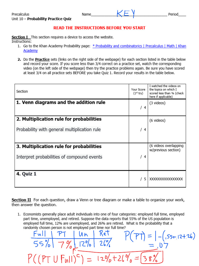 05-03 PC U10 Probability Practice Quiz - KEY | PDF | Probability | Statistical Theory
