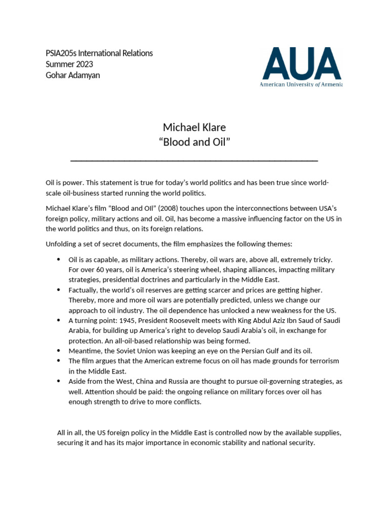 Michael Klare. Blood and Oil. Reflection | PDF