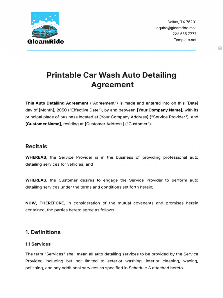 Printable Car Wash Auto Detailing Agreement Template | PDF