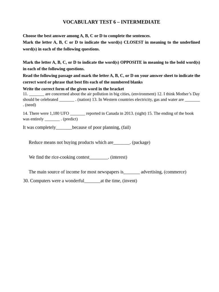 Intermediate Vocabulary Test 6 | PDF