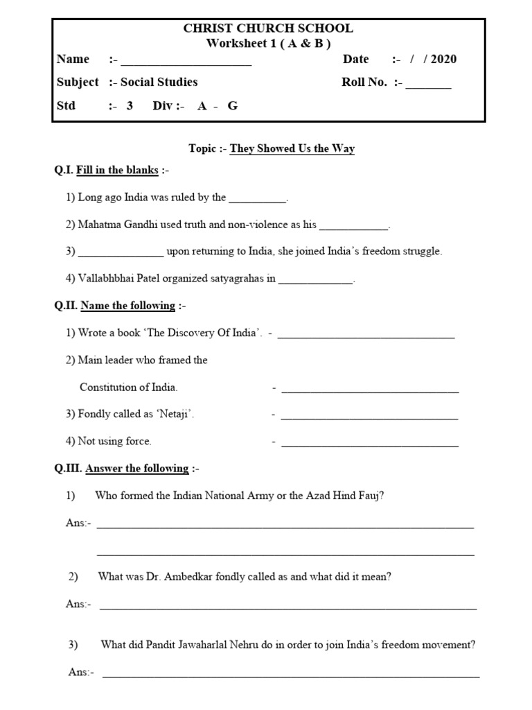 Social Studies Worksheet 1 - A and B | PDF