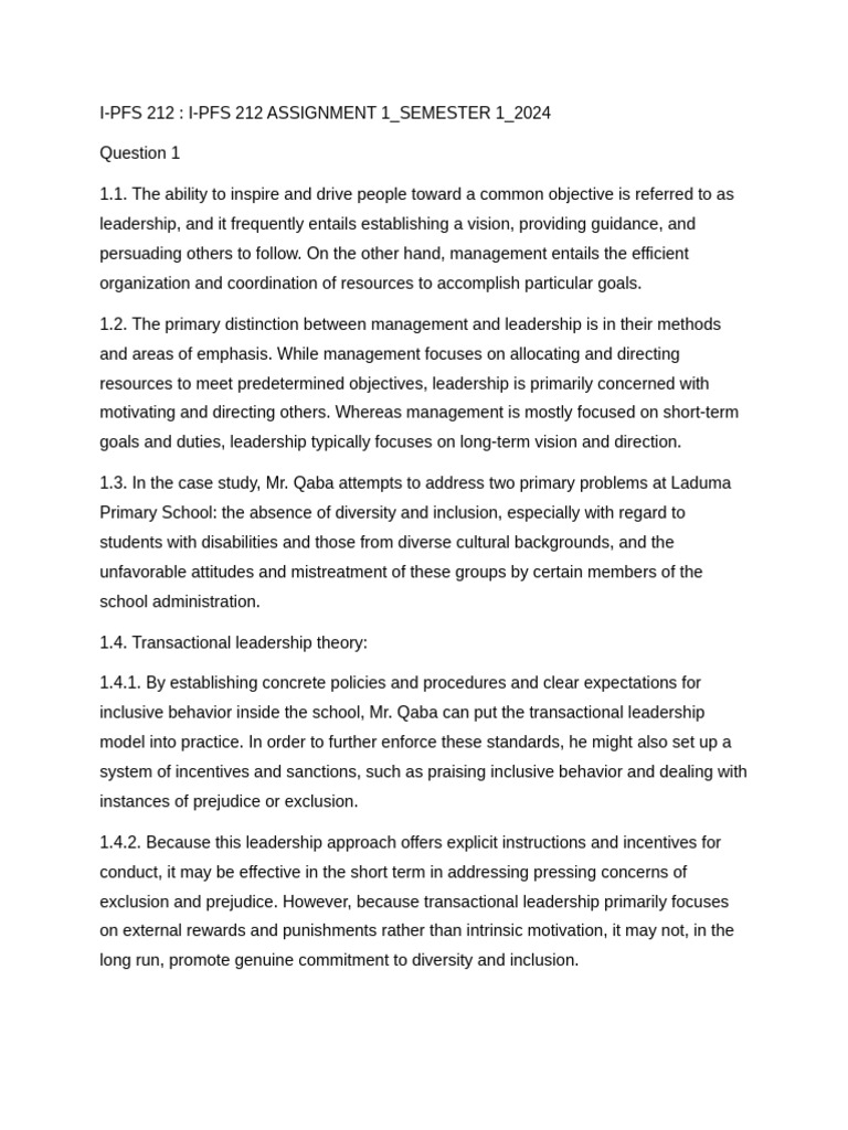 I-Pfs 212 Assignment 1 - Semester 1 - 2024 | PDF | Leadership | Transformational Leadership