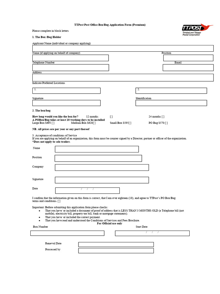 TTPost PO Box Application Form | PDF