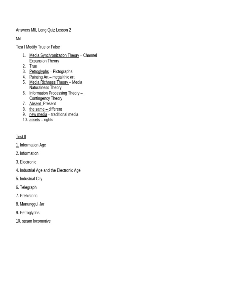 Answers Long Quiz Lesson 2 | PDF